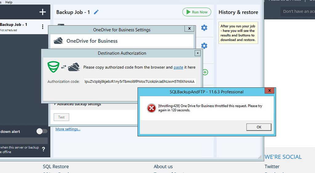 Error connecting my account to backup on onedrive for bussiness - Destination Issues - Sql ...