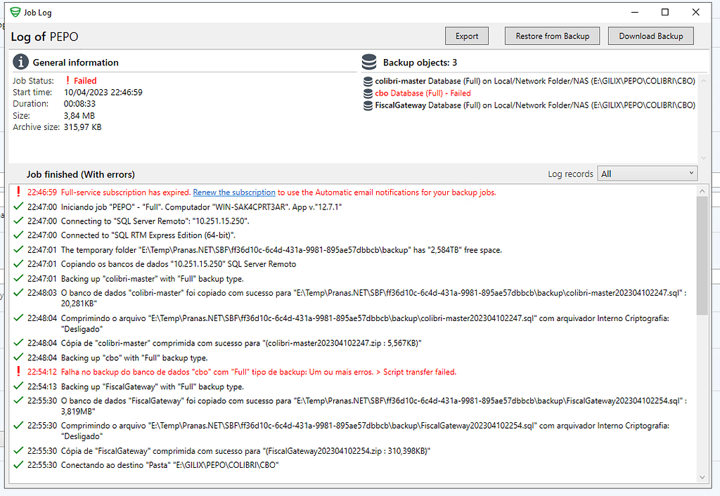 Error to backup a remote SQL Server - Application issues - Sql Backup And FTP community