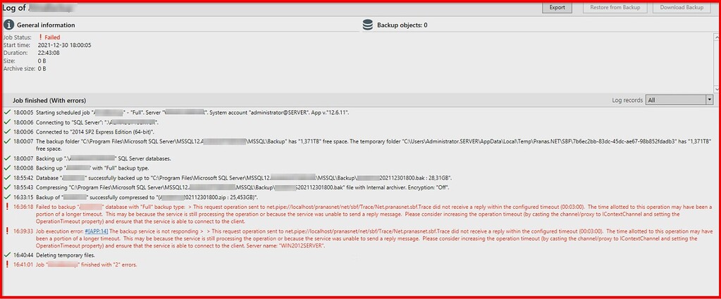 Failed Backup Time Out Error? - Application issues - Sql Backup And FTP community