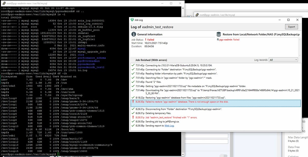 Test Restore Failing - mySQL - not enough disk space? - Application ...