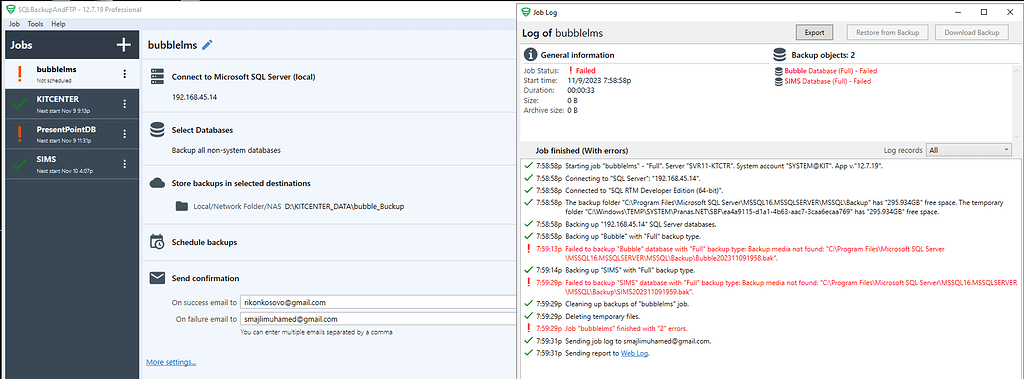Backup failed- MySql Stopped - Sql Backup And FTP community